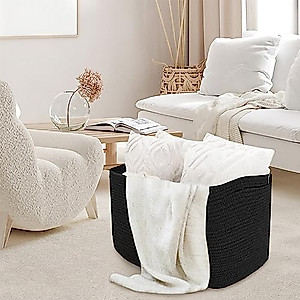 MEGASKET Extra Large Rectangle Storage Basket, 23.6" x 15.7" x 14.1" Black Blanket Basket Storage for Living Room, Large Soft Woven Cotton Rope Basket, Kids Toy Baskets Organizer Bins, Wicker Basket