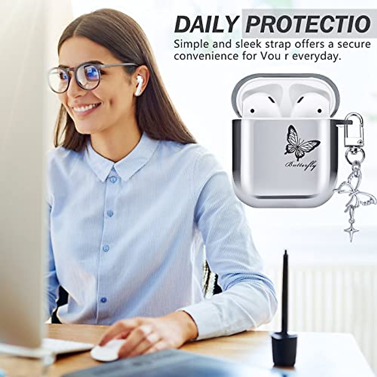 Cute AirPods Case with Beautiful Butterfly Pendant, Soft Silicone Protective Electroplating Cover Compatible with 2nd and 1st Generation Case
