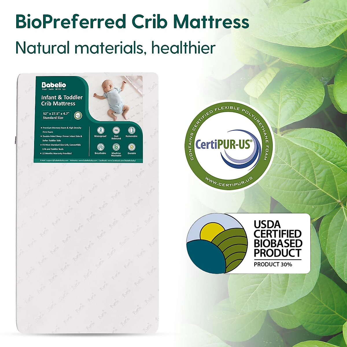 BABELIO Biobased Breathable Crib Mattress, USDA BioPreferred Toddler Mattress Memory Foam, Waterproof Dual-Sided Baby Mattresses for Crib and Toddler Bed, Removable and Machine Washable Mattress Cover