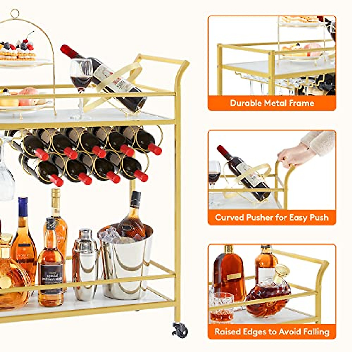 Lifewit Bar Cart, Home Bar Serving Cart, 2 Tier Drink Cart with 9 Wine Bottle Racks, Liquor Beverage Cart for Kitchen Dining Living Room Outdoor, 31.5" x 13" x 34.6", Gold