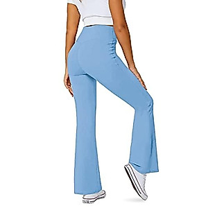 DLOODA Women's Flare Leggings with Pockets-Crossover High Waisted Bootcut Yoga Pants-Tummy Control Bell Bottom Leggings Blue
