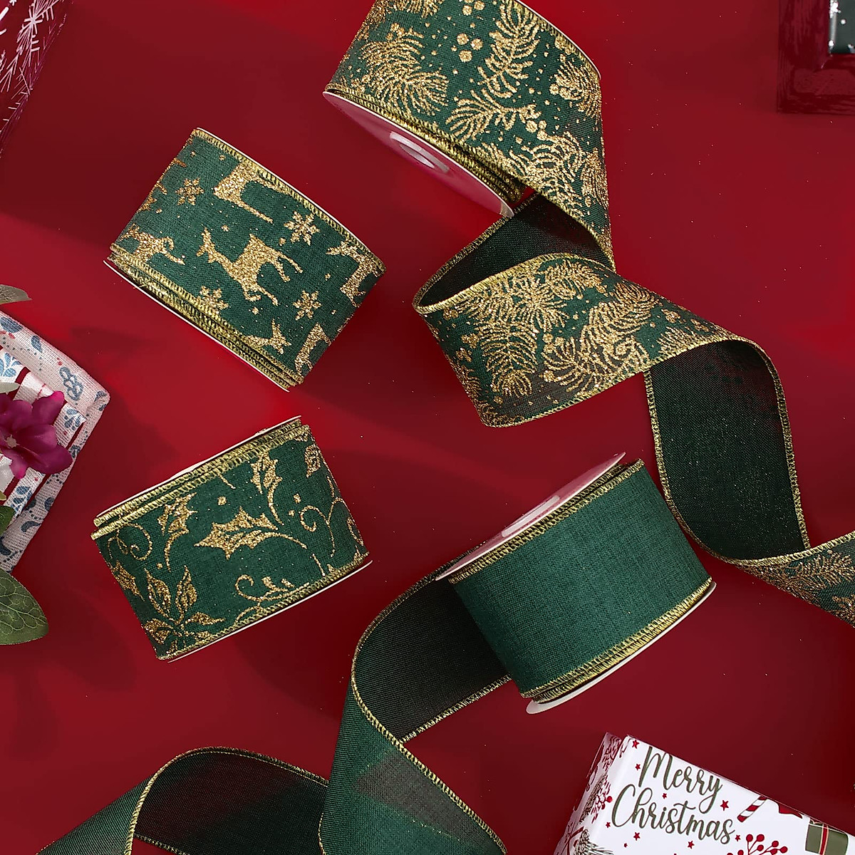 UNIQOOO 40 Yards 4 Rolls Seamless Green Christmas Wired Ribbon Set, 2.5 inch x 10yd. Satin Burlap Wired Edge Ribbon for Xmas Tree Décor, Gift Wrap Box, Bows, Wreath, Garland, Floral DIY Craft, Wedding