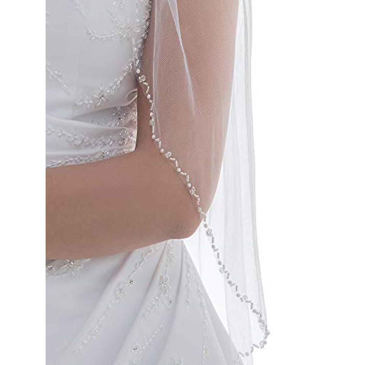 SAMKY 1T 1 Tier Pearls Crystals Beaded Wedding Veil V377 - Light Ivory Fingertip Length 36"