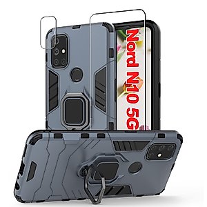 Jusy 3p Oneplus Nord N10 5G Case & Tempered Glass Screen Protector & Camera Protector for 1+ Nord N10, Protective Case with Rotate Holder Kickstand and Magnetic Plate for Oneplus Nord N10 (Navy)