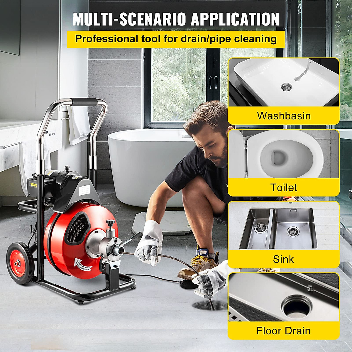 VEVOR Drain Cleaner Machine 100ftx1/2in Electric Drain Auger 550W Sewer Snake Drill Machine, fit 1 Inch (25mm) to 4 Inch(100mm) Pipes, w/Wheels, Cutters, Foot Switch