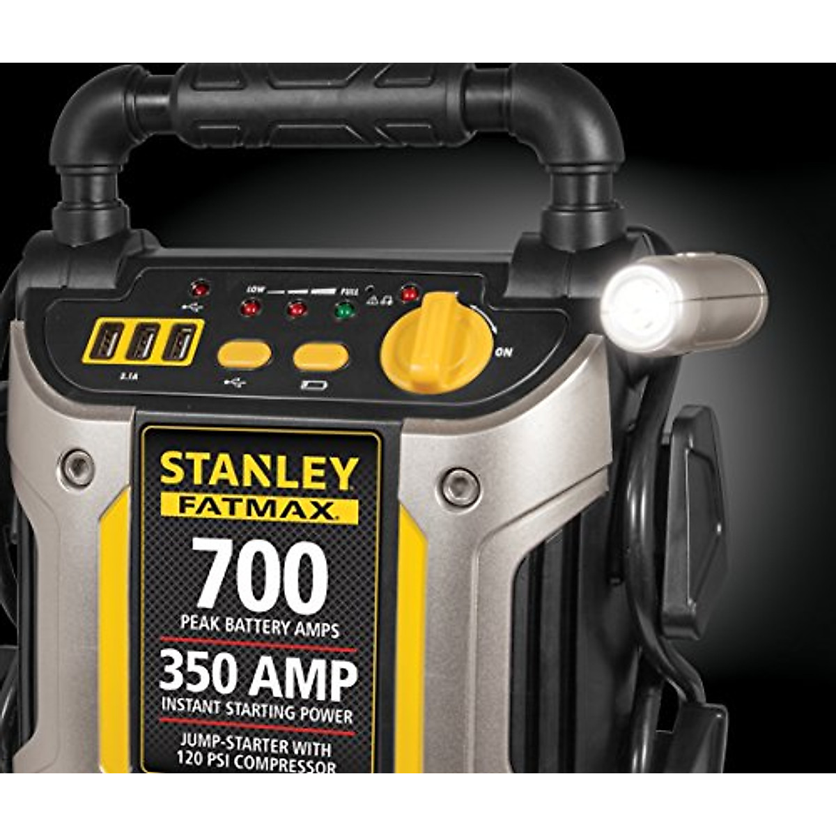 STANLEY FATMAX J7CS Portable Power Station Jump Starter: 700 Peak/350 Instant Amps, 120 PSI Air Compressor, 3.1A USB Ports, Battery Clamps