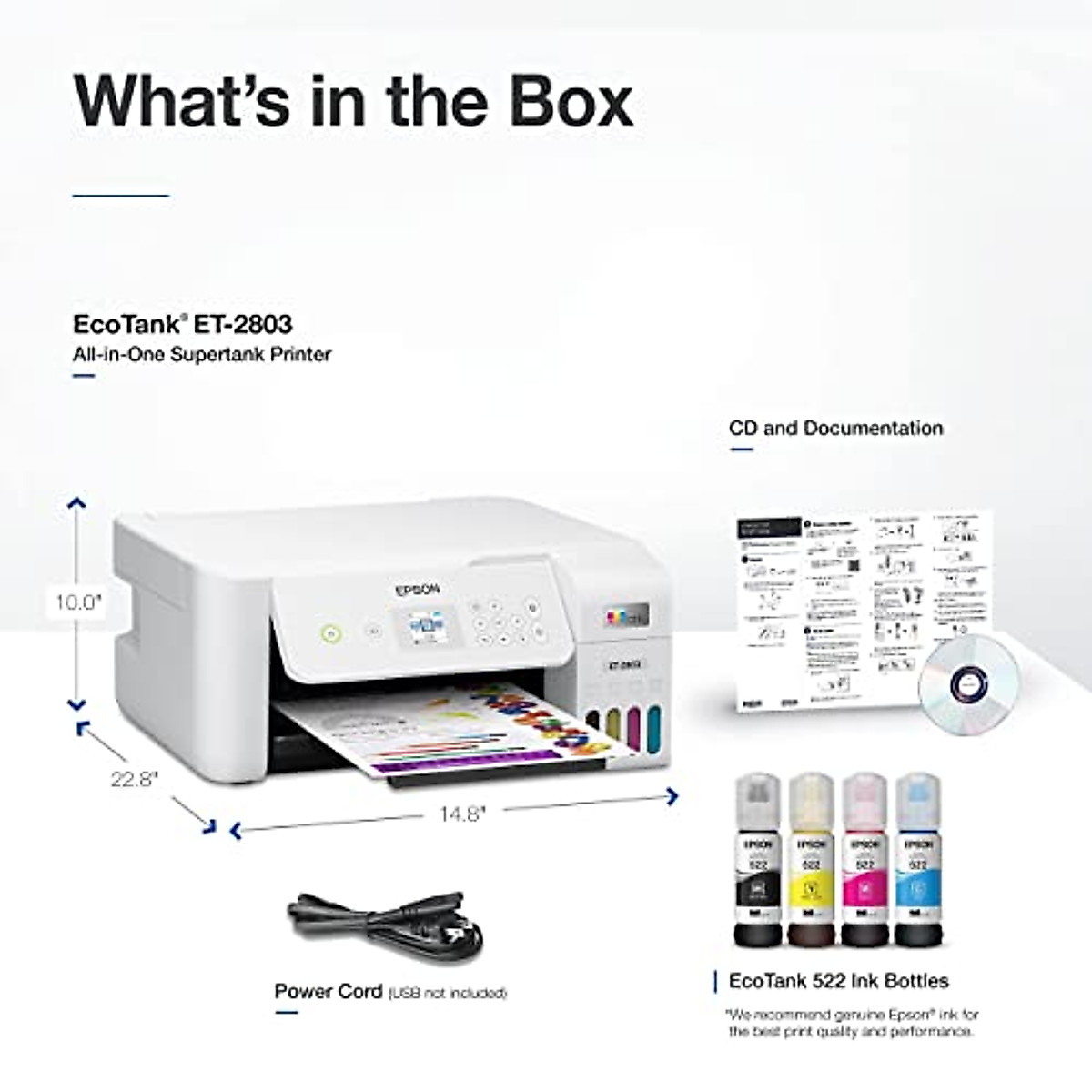 Epson EcoTank ET-2803 All-In-One Wireless Supertank Color Inkjet Printer, White - Print Scan Copy - 1.44" LCD Display, 10 ppm, 5760 x 1440 dpi, Borderless Photo Prints, Mobile Printing, USB Connection