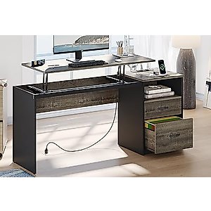 Bestier Lift Top Computer Desk with File Drawer, 60" Large Office Desk with Power Outlet USB Port Built in Writing Study Computer Table with Storage Workstation for Home Office Bedroom, Gray