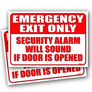 (2 Pack) Emergency Exit Only Alarm Will Sound Sign 10"x7" 4MIL UV Laminated Emergency Exit Only Door Sign Self Adhesive Sticker Decal