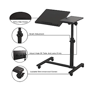 TigerDad Overbed Bedside Desk Mobile Rolling Laptop Stand Tilting Overbed Table with Wheels Height Adjustable Tray Table for Laptop Bed Sofa Side Table (Black)