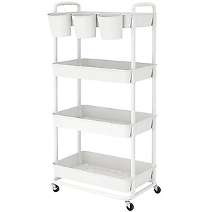 JIUYOTREE 4-Tier Plastic Rolling Storage Cart Utility Cart with Extra Hanging Cups Handles Lockable Wheels for Living Room Bathroom Kitchen Office White