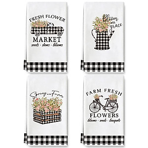 AnyDesign Spring Kitchen Towels Watercolor Farmhouse Floral Dish Towel Rustic White Black Buffalo Plaids Hand Drying Tea Towel for Cooking Baking Cleaning Wipes, Set of 4, 18 x 28 Inch