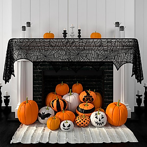 Halloween Mantle Scarf, Black Lace Spiderweb Fireplace Mantel Scarf,Halloween Mantel Decor for Cloth Table Runner,Halloween Decorations Indoor Festive Party Supplies Door Window Curtain,96 x 18 Inch