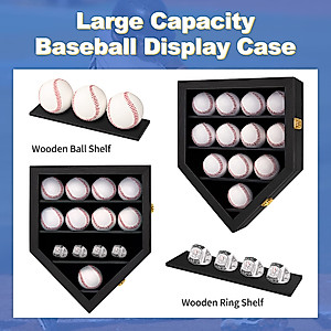 Kacorn Baseballs and Championship Rings Display Case Wall Cabinet with 12 Holders, 98% UV Protection, Wood Ideal for Collection Autographed Baseball Ball Holder