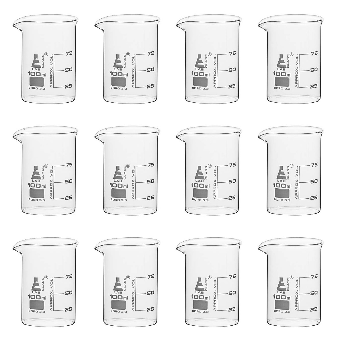 EISCO 12PK Beakers, 100ml - Low Form with Spout - White, 25ml Graduations - Borosilicate 3.3 Glass