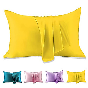 Satin Pillowcase 20x30 inches Queen Size Silk Satin Pillow Cases Set of 2 for Hair and Skin - Soft Bed Pillow Covers with Zipper Breathable, Health & Skin-Friendly (Yellow)