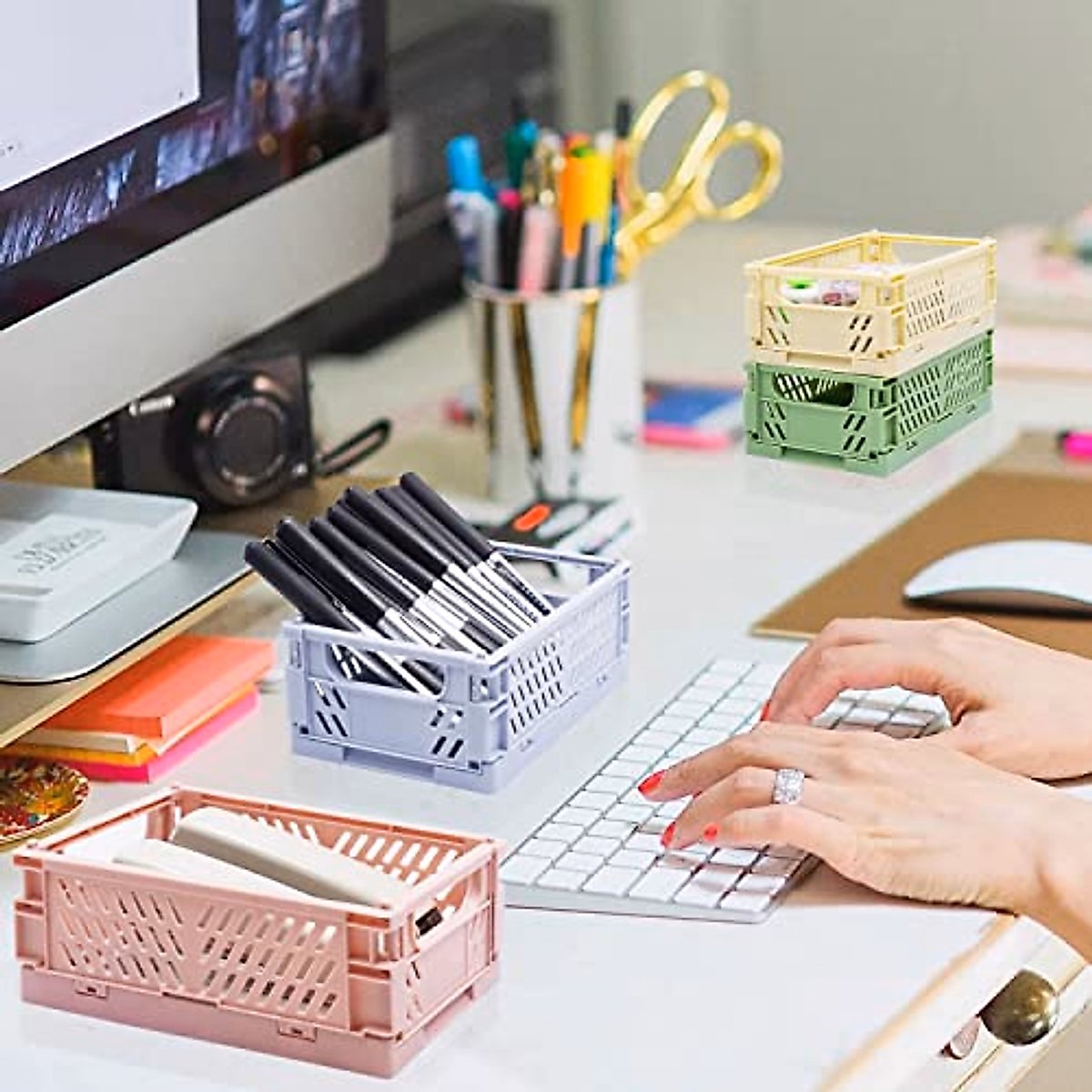 Xhwykzz 4 Pack Mini Foldable Plastic Small Baskets for Organizing and Storage, Collapsible Storage Crate for Home Bedroom Office Classroom Drawer Organizers (5.9x3.9x2.2in) Mini Size