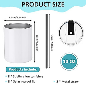 Sublimation Blank Tumblers Bulk 10 oz White Stainless Steel Sublimation Straight Skinny Tumblers with Lids and Straw Double Wall Vacuum Insulated Cups for DIY Heat Press Print(8 Pack)