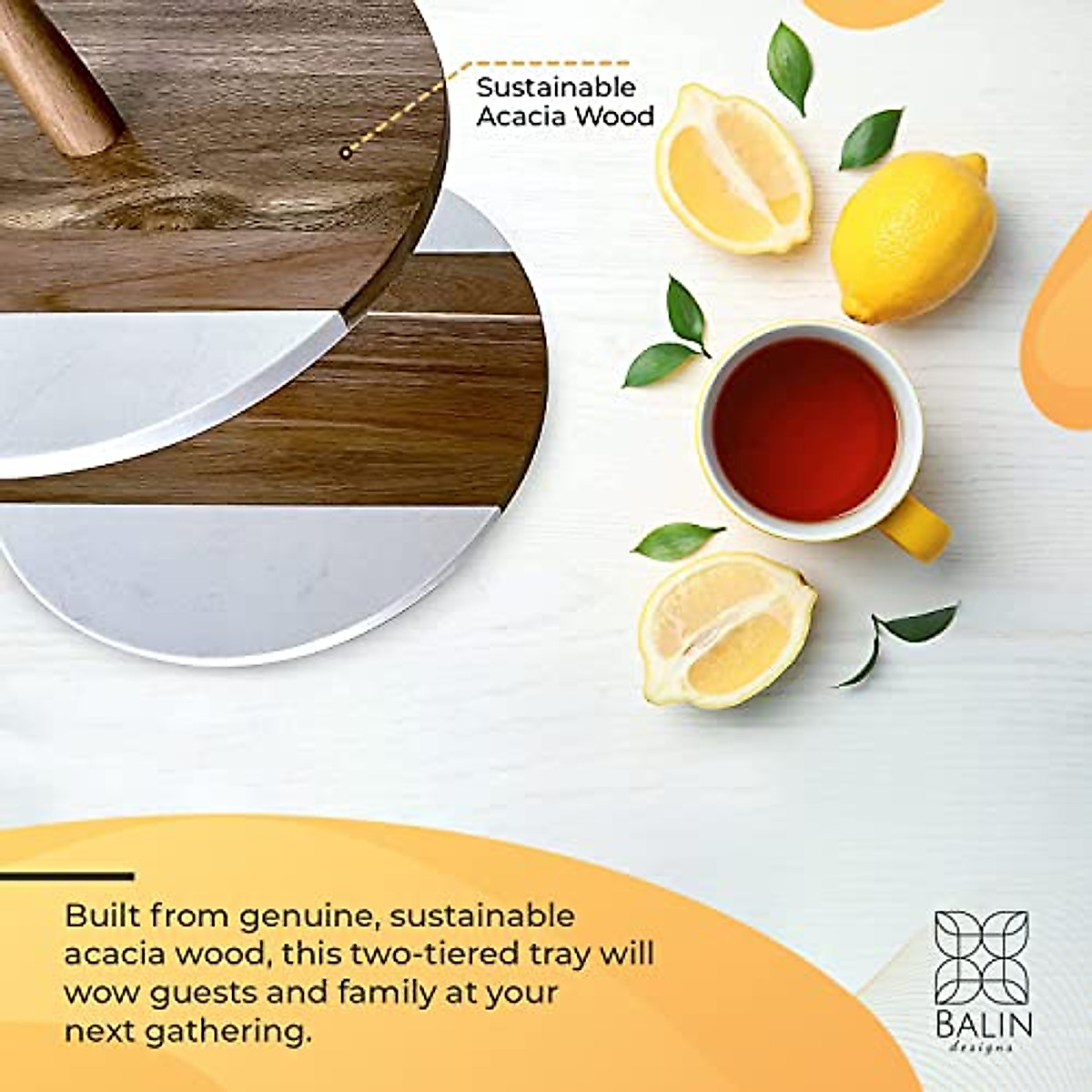 BALIN DESIGNS Two Tiered Serving Tray, White Round Acacia Wood Tiered Tray, 2 Tier Serving Stand for Kitchen Counter Decor, Round Wooden Trays for Home Decor - White Marble