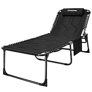 KingCamp Oversized Padded Folding Lounge Chair for Outdoor Patio Beach Lawn Pool Sunbathing Tanning, 5-Position Heavy Duty Portable Padded Camping Cot with Pillow, Support 300LBS