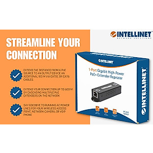 Intellinet 1-Port Indoor Gigabit PoE+ Extender Repeater – 25W Power Budget via Cat5e Cat6 RJ45 Ethernet Network Cables, Daisy-Chain – 3 Yr Mfg Warranty - 560962