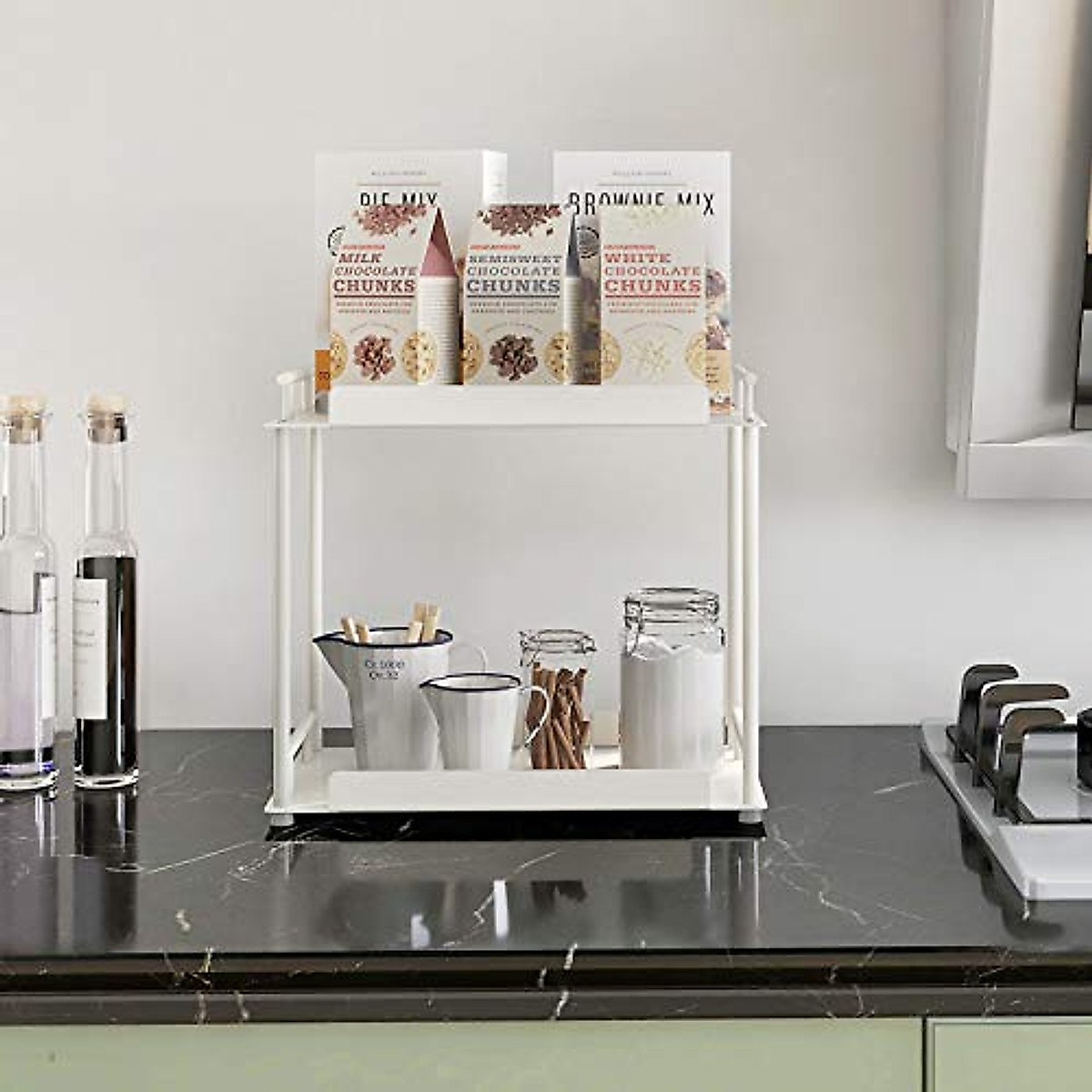 FLE Bathroom Organizer Countertop,2 Tier Bathroom Counter Organizer Kitchen Spice Rack Cosmetic Organizer,Countertop Storage Shelf for Bathroom, Kitchen, Living Room, Bedroom, Dressing Table,White