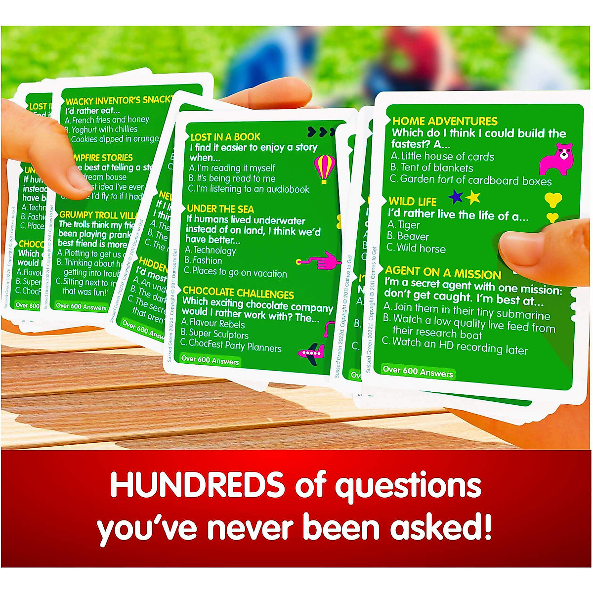 SUSSED The Game of Wacky Choices - Travel Games & Social Card Game for Kids & Adults - Conversation Cards for Camping & Road Trips - Wild Green Deck