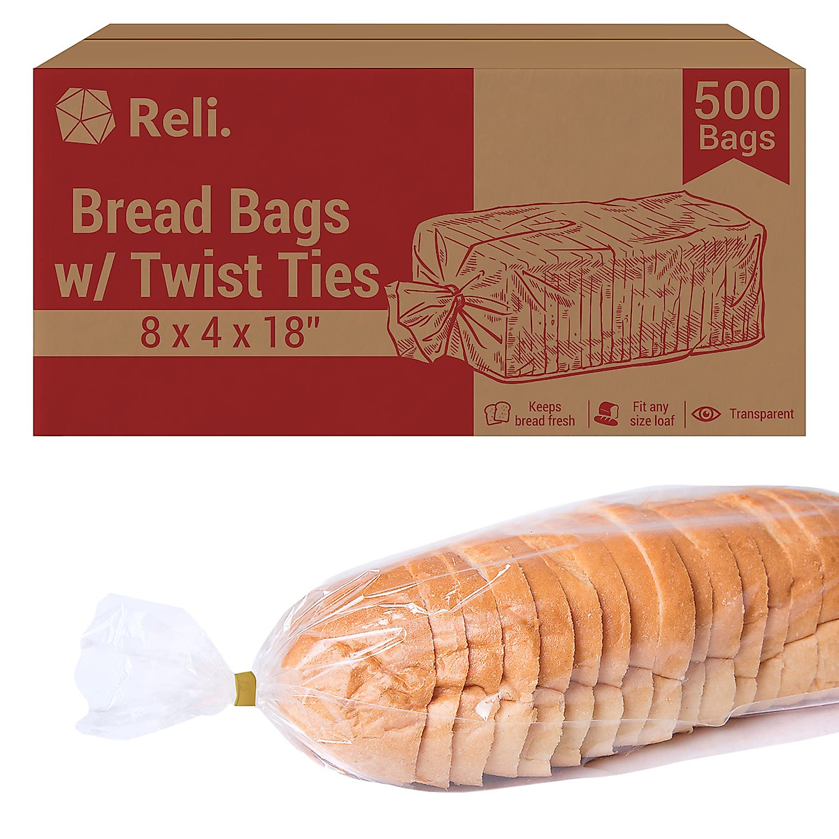 Reli. Bread Bags with Ties | 8 x 4 x 18" | 500 Pack (500 Twist Ties) | Bulk Bread Bags for Homemade Bread | Plastic Bread Bags for Bakery, Bread Storage | Bread Loaf Packing Bags | Clear, Large