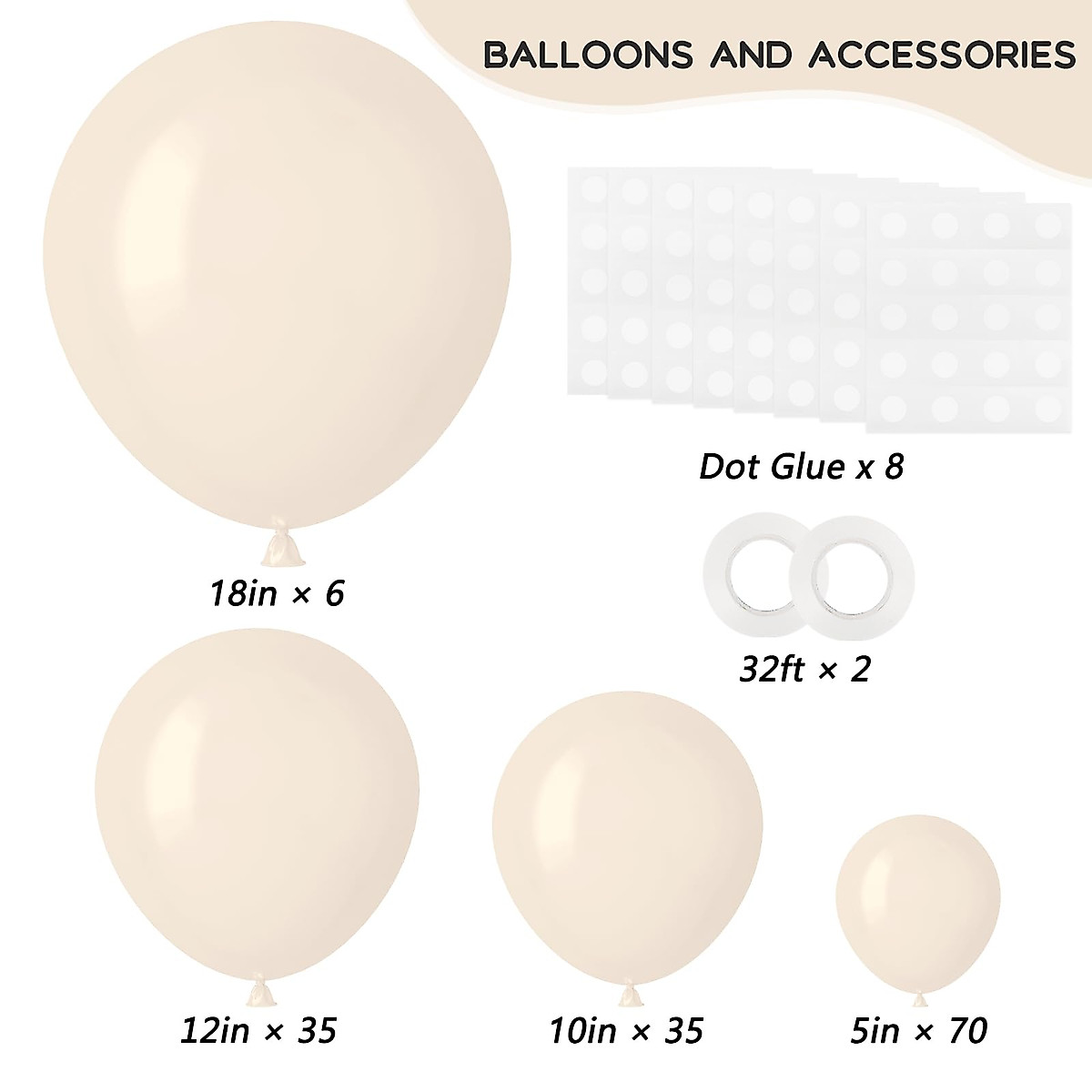 RUBFAC Sand White Balloons, 146pcs Different Sizes Pack of 18 12 10 5 Inch for Beige Balloon Garland Arch as Graduation Wedding Birthday Baby Shower Anniversary Party Decorations