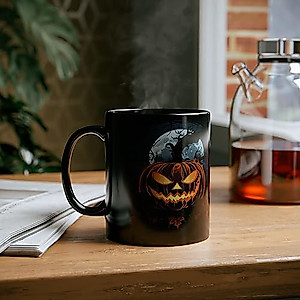 ATMTEE Halloween Night With Haunted Tree and Pumpkins Black Mug 11oz, Funny Gifts for Mens, Womens, Kids (11oz, Black)
