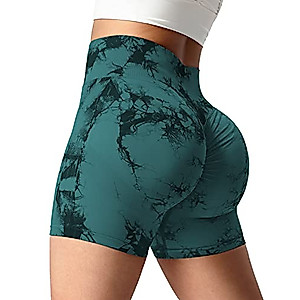 VOYJOY High Waist Seamless Shorts Scrunch Butt Yoga Shorts Contour Gym Shorts Blue Green M