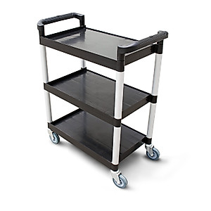New Star Foodservice 54538 250-Pound Plastic 3-Tier Utility Bus Cart with Locking Casters, 32" x 16" x 38", Black