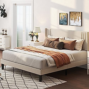 Gizoon Queen Bed Frame with Wingback Headboard, Upholstered Platform Bed with Modern Geometric Headboard, Wooden Slats, Noise-Free, No Box Spring Needed