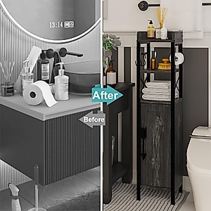 VECELO Small Bathroom Cabinet,Slim Toilet Paper Holder with Door&Metal Scroll, Upgraded Narrow Storage Organizer for Restroom Bathroom Tiny Space,Fenced Top Waterproof Coating,Black