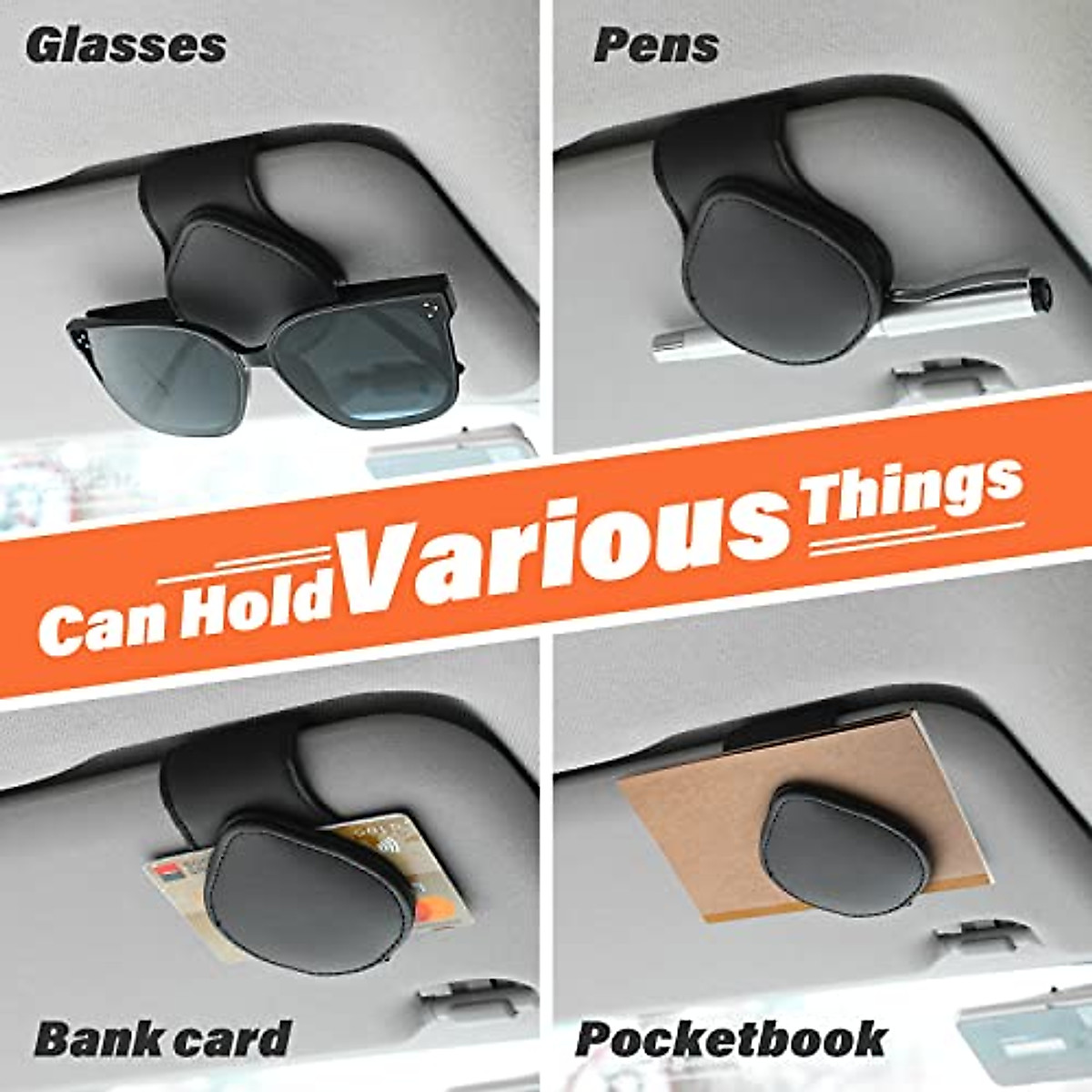 Rhino Valley Sunglasses Holders for Car Sun Visor, 2 Pack Car Glasses Holder Clip Organizer Eyeglasses Mount with Card Clip for Car Sun Visor Magnetic Adsorption Leather Glasses Hanger, Black