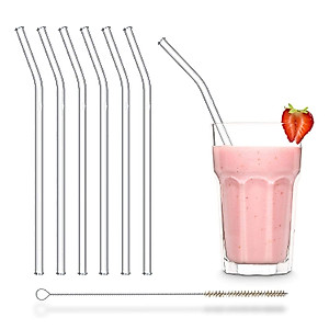 Halm Glass Straws - 6 Reusable 9 Inch Bent Drinking Straws + Plastic-Free Cleaning Brush - Dishwasher Safe - Eco-Friendly - Perfect for Smoothies, Cocktails, Boba - Made in Germany