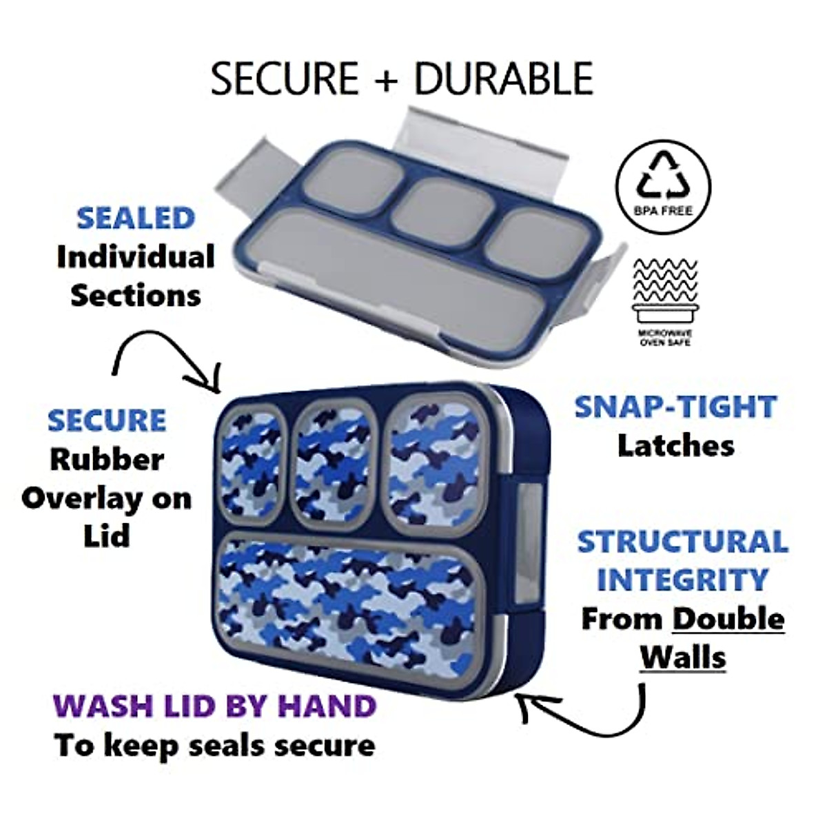 Bundle of Camo Lunch-Box for Boys 4 Compartments (Blue Camouflage) + Camo Lunch Box for Boys Kids Men with Ice Pack (Blue Black Camouflage)