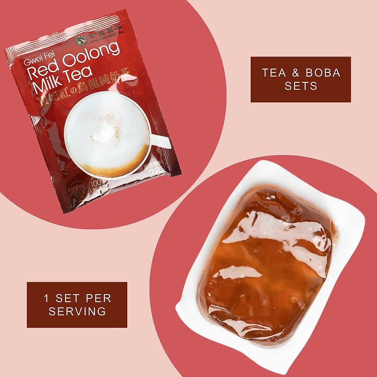 King Ping Best Tea - Oolong Tea Kit with Brown Sugar Boba Pearls, 5 Individual Boba Packets & Milk Tea Powder Packets, 100 Percent Natural Red Oolong Tea - Easy to Make - (5 Servings)