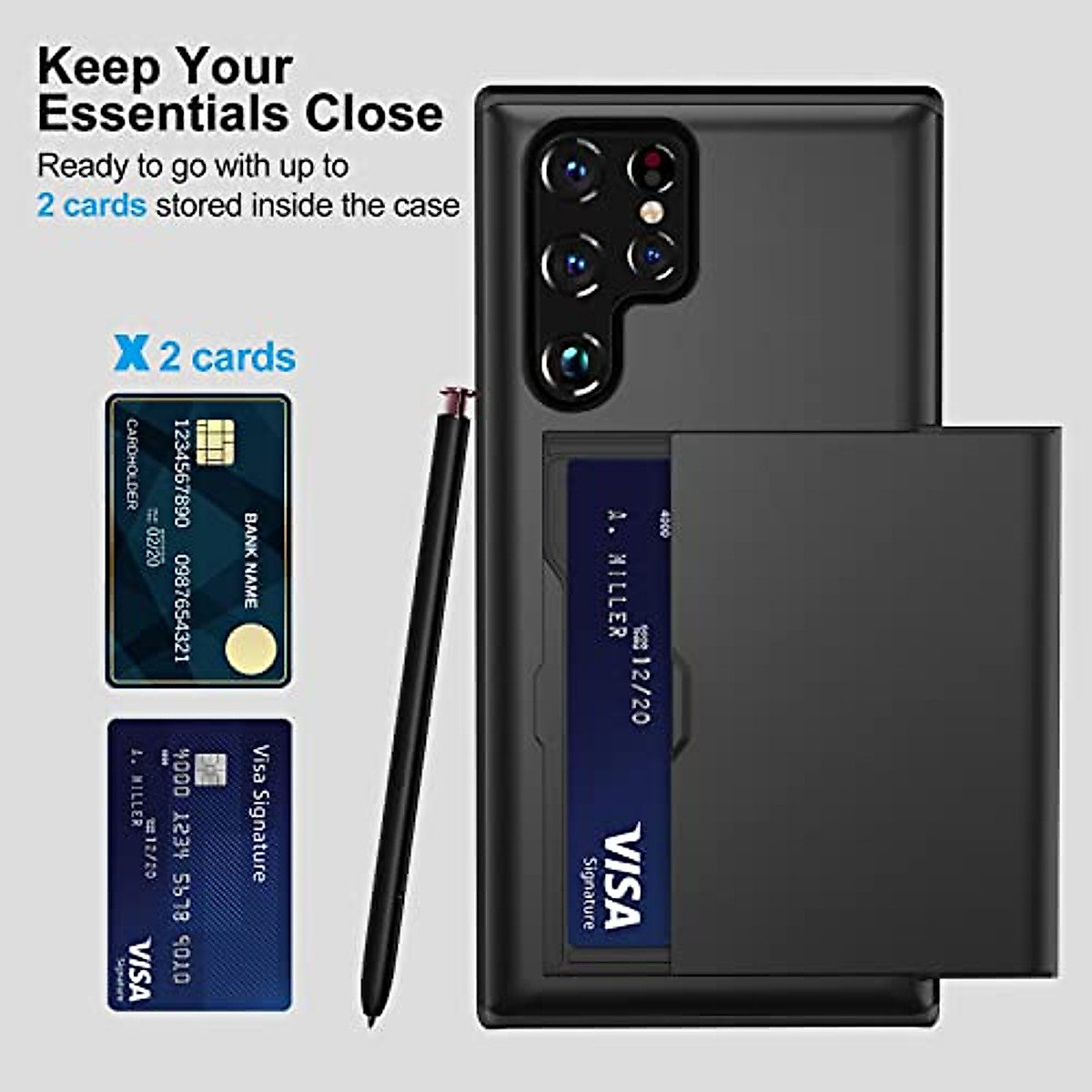 Compatible with Samsung Galaxy S23 Ultra Case Wallet with Card Holders Slide Slot Shockproof Slim Hard PC Case Heavy Duty Protective Cover for Samsung Galaxy S23 Ultra for Women & Men (Black)