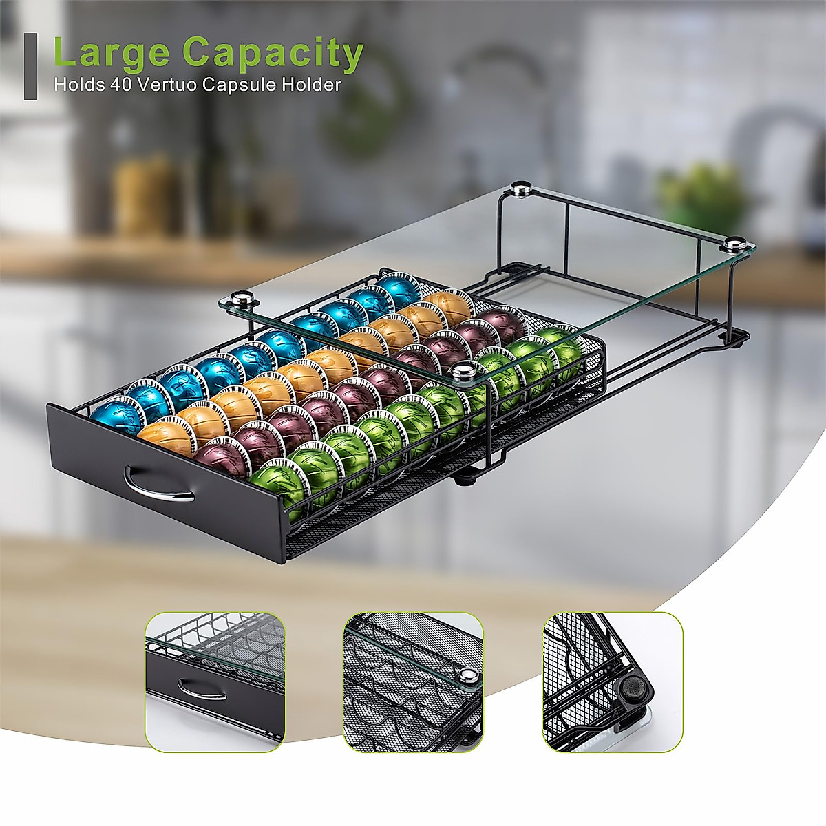 Rice rat Vertuo Capsule Holder Drawer for Nespresso With Glass For Cabinet Vertuoline Pod Storage Rack For Counter (Class-40 Pods（With handle）)