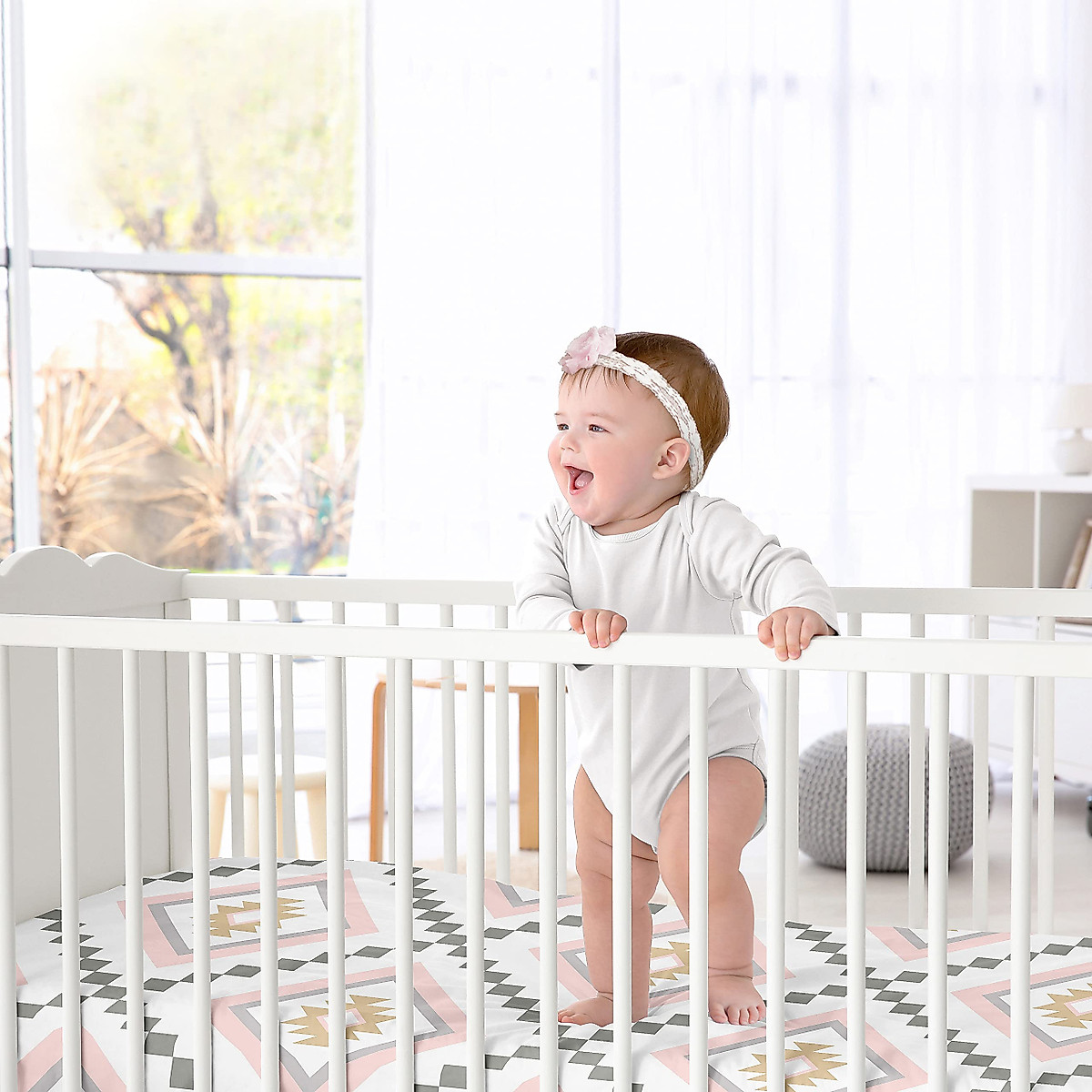 Blush Pink and Grey Boho Baby or Toddler Fitted Crib Sheet for Aztec Collection by Sweet Jojo Designs