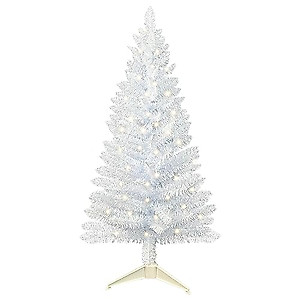 4ft Lighted Artificial White Christmas Tree, Not Pre-lit White Tinsel Pine Trees with Lights, Ideal for Ideal for Home, Office, and Xmas Party Décor - Includes Stand