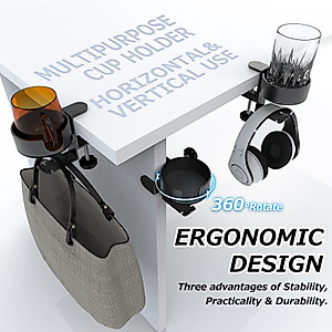 NODOCA Desk Cup Holder, 3.3 inches Diameter Cup Holder with 2 Space Saving Hangers for Headset/Bag/Hat, 360 Degree Rotation Desk Drink Holder, Headphone Hanger for Office, Home(Black)