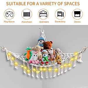 EKDJKK Stuffed Animal Hammock Macrame Plush Toy Net Hammock for Stuffed Animals with Light Pet Net for Stuffed Animals Corner Hanging Stuffed Animal Storage Holder Teddy Bear Net for Kids Room