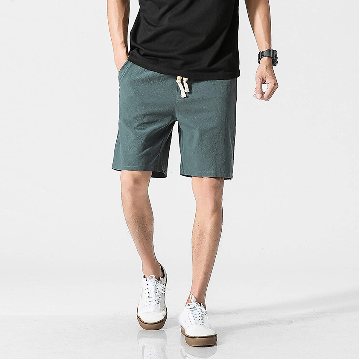 Male Summer Cotton Linen Shorts Drawstring Loose Breathable Track Trunks with Pockets Men's Classic Fit Beach Shorts Green