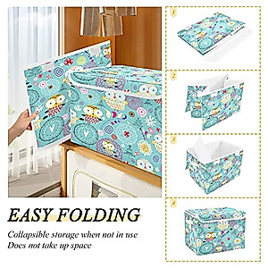 Cute Owls Storage Boxes with Lid and Handles Large Collapsible Fabric Storage Basket Clothes Toys Organizer Bins for Playroom Office Nursery Shelf Closet