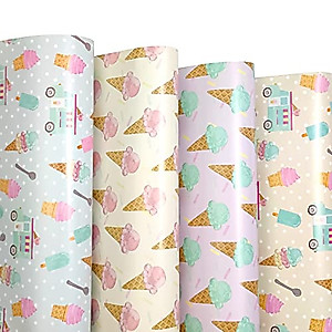 LDGOOAEL Flat Birthday Wrapping Paper Sheets-12 Sheets with 4 Ice Cream Paterns, Gift Wrapping Paper for Birthday, Wedding, Baby Shower Occasions- Pre cut & Folded(19.6" x 27.5“ Per Sheet)…