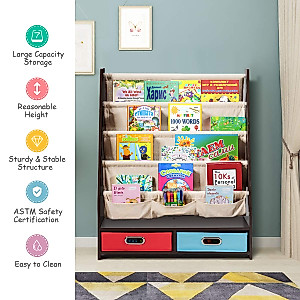 Costzon Kids Bookshelf, Wooden 4 Sling Book Shelves with 2 Pull-Out Toy Storage Boxes, Classroom Display Book Rack Organizer Furniture for Toddlers Kids Room, Nursery, Bedroom (Espresso)