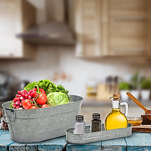 Oval Ice Bucket with 3 Serve Buckets Set-Condiments, Nuts, Ice Cream, Snacks, Galvanized Metal Drink Cooler Beverage Tub, Chill Wine & Beer, 2.4 for Home Parties Gallons, Galvanized