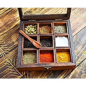 Ajuny Wooden 9 Containers Masala Dabba Spice Box with Glass Lid on Top and Spoon, 5.5x20.5 Cm
